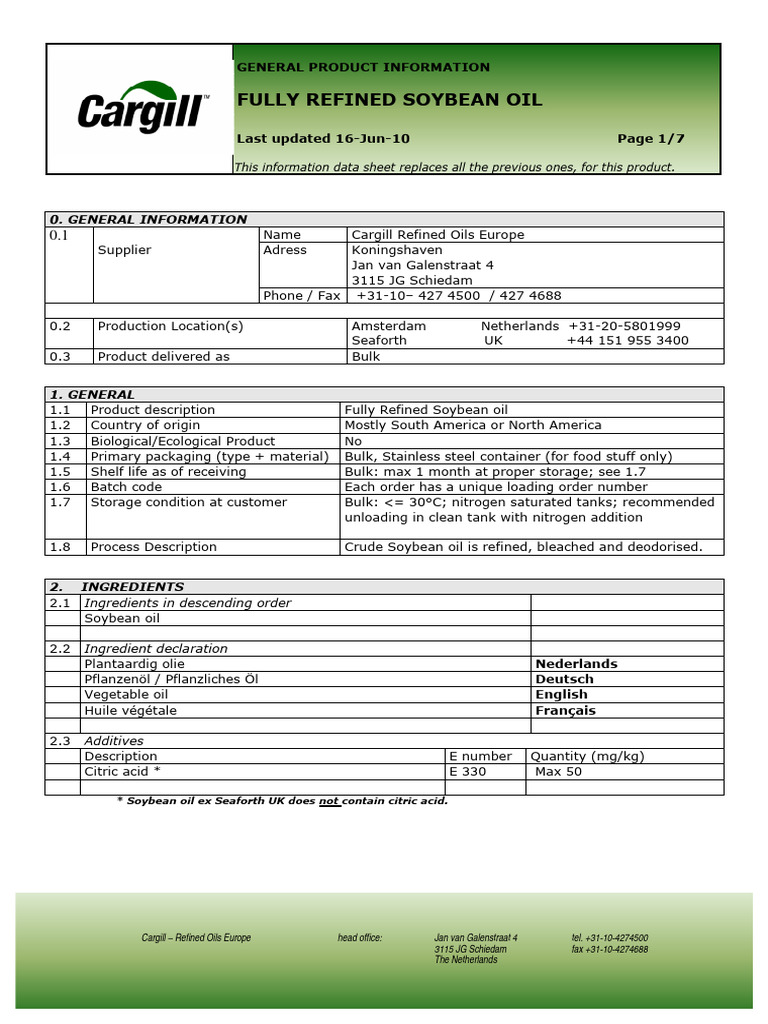 Product Specification - Refined Soyabean Oil | PDF