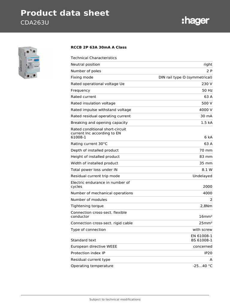 Hager Cda263u Datasheet | PDF