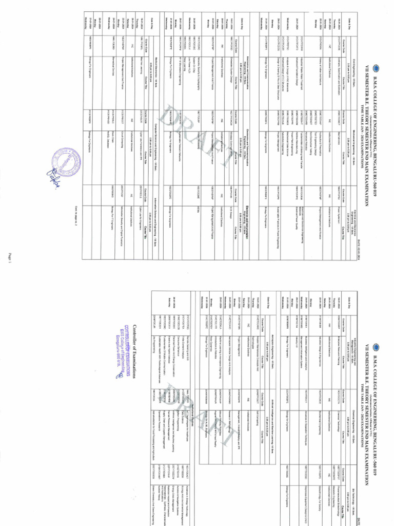 VII SEM-Draft Time Table - 2024 | PDF