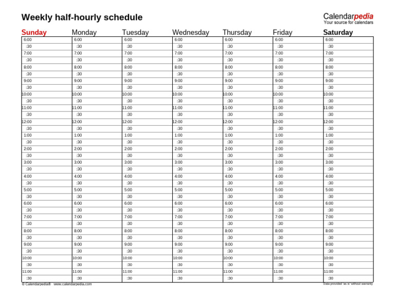 Weekly Half-Hourly Schedule Template | PDF | Cooking, Food & Wine ...
