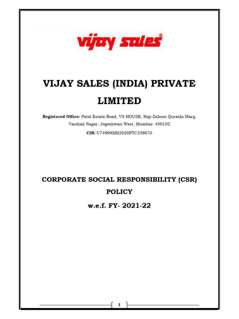 Vijay Sales CSR Policy Overview | PDF | Corporate Social Responsibility ...