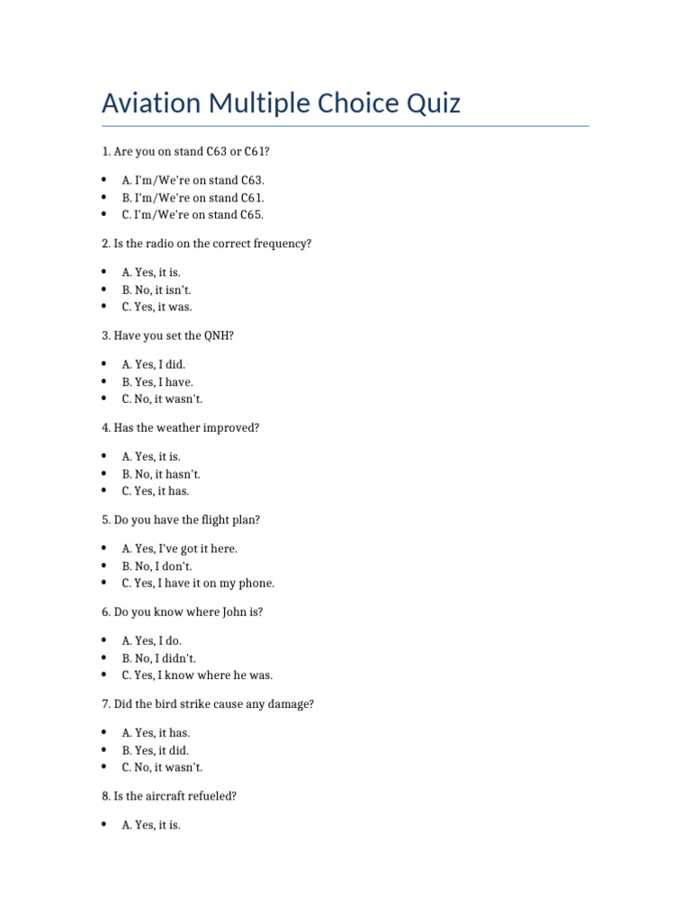 Aviation Multiple Choice Quiz | PDF