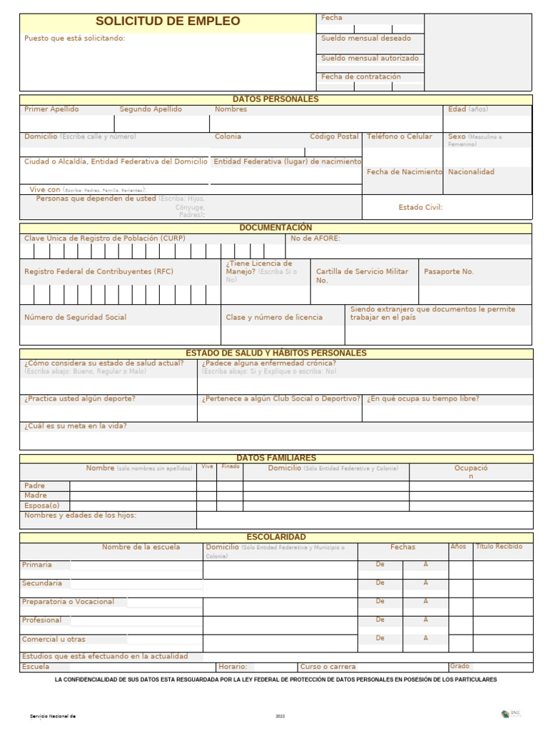 Sne Solicitud de Empleo Plantilla Editable | PDF