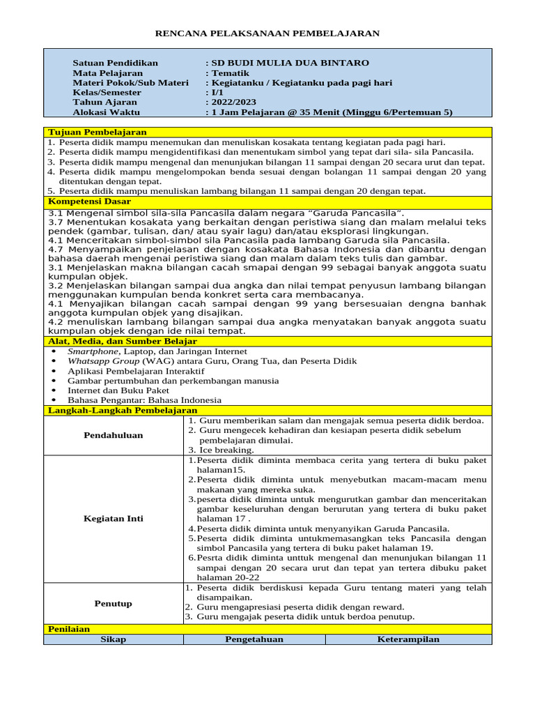 RPP Tema 3 Subtema 1 Hari 5.. | PDF