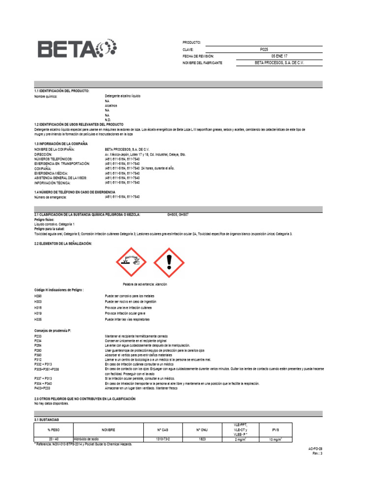 Detergente Alcalino para Lavado de Loza | PDF | Agua | Corrosión