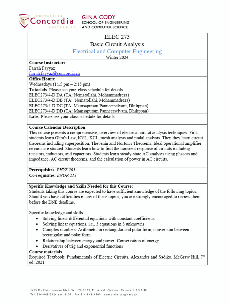 ELEC 273 - Course Outline - W24 | PDF | Electrical Network | Technology ...