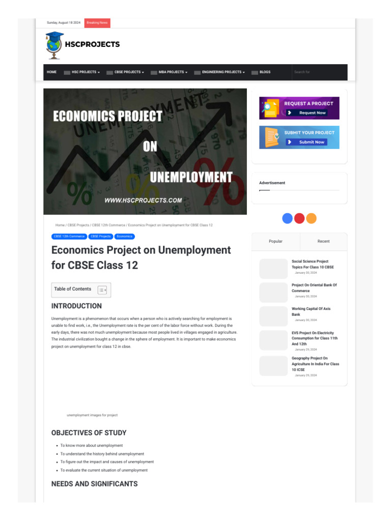 Hscprojects Com Economics Project On Unemployment Cbse Class 12 | PDF