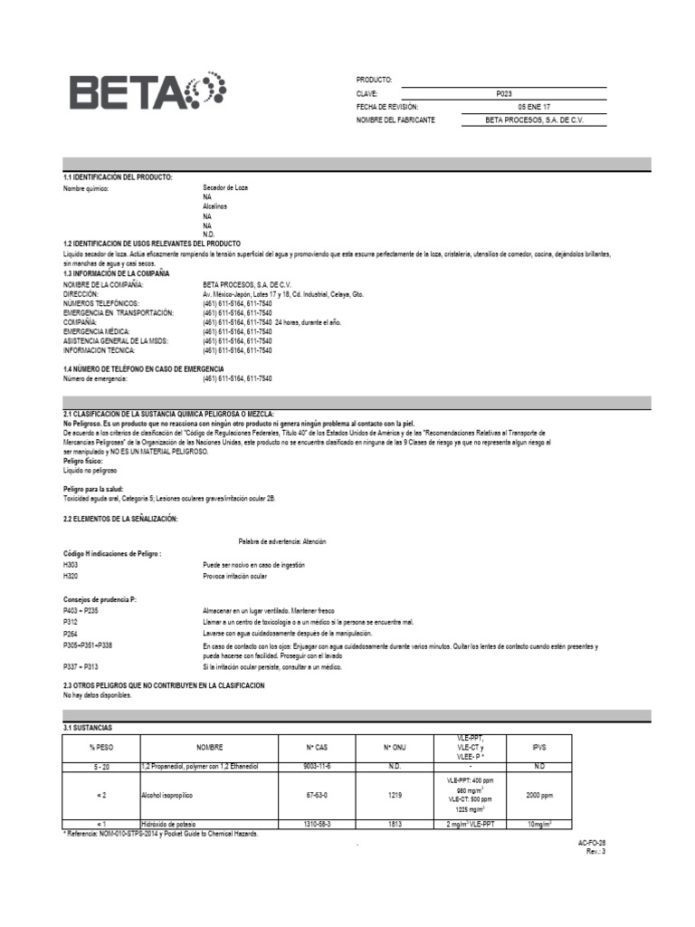 BETA DRY HDS y Ficha Técnica | PDF | Agua | Química