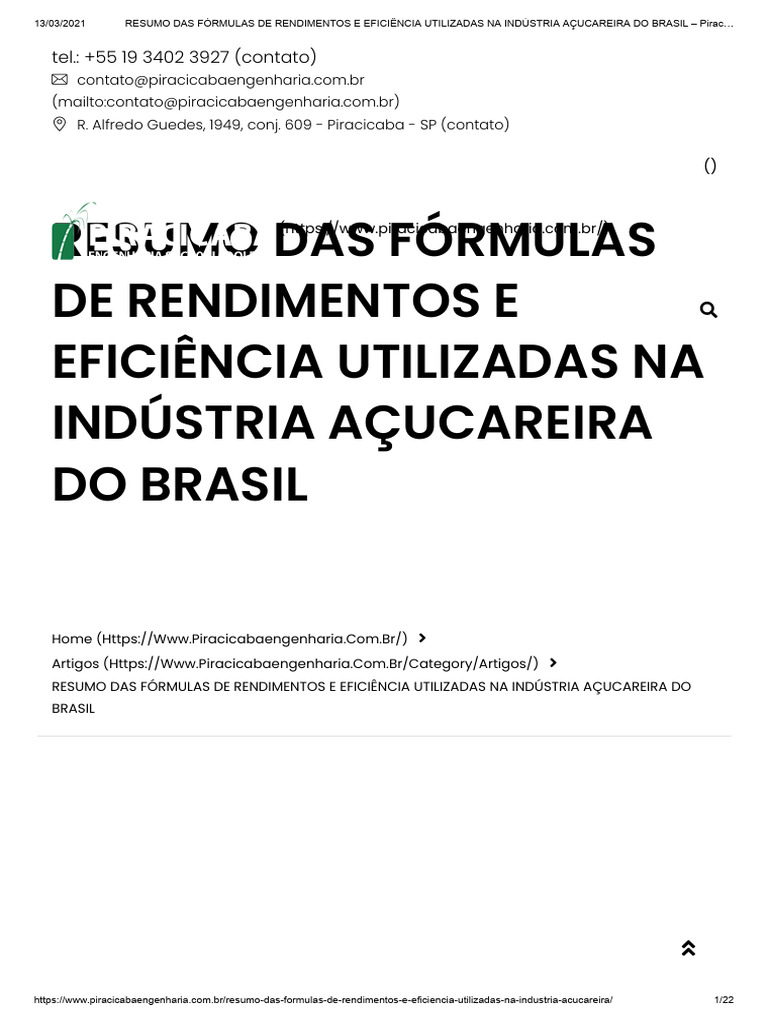 Resumo Fórmulas Rendimentos Sucroalcooleiro | PDF
