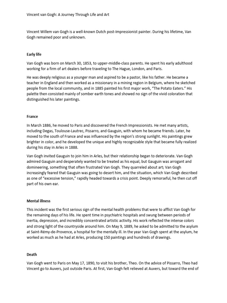 Vincent Van Gogh Reading Comprehension | PDF