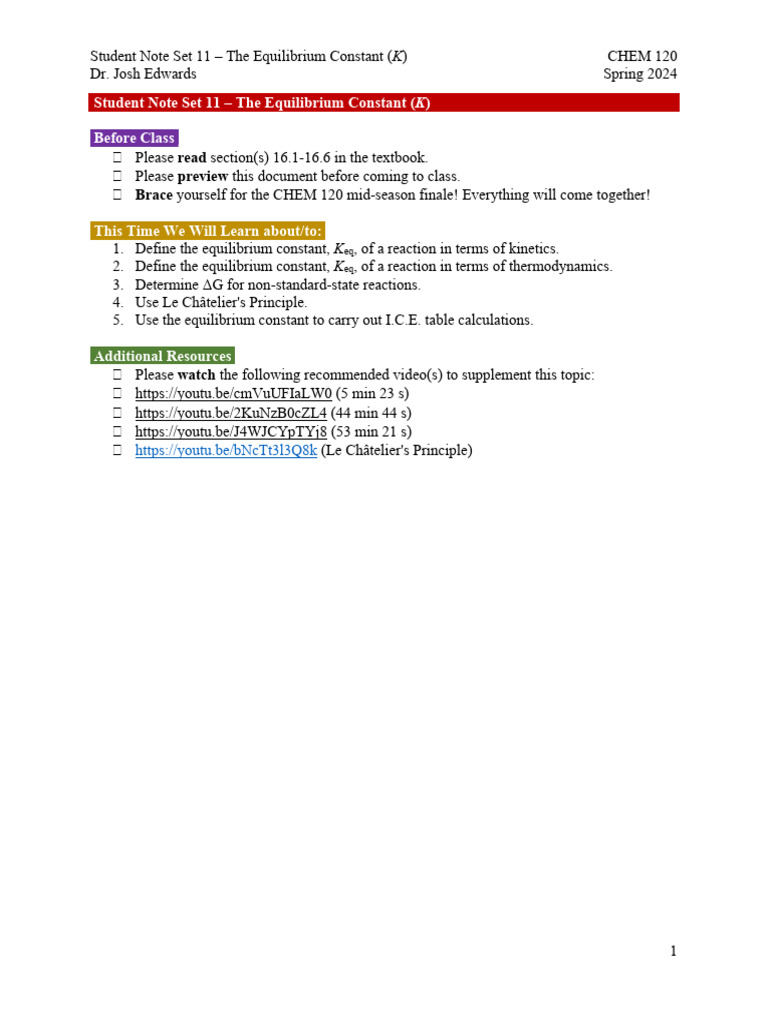 (Annotated) Student Note Set 11 - The Equilibrium Constant (K) | PDF