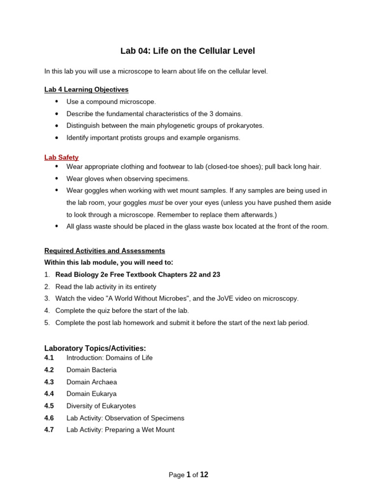 Life On The Cellular Level Lab Protocol and Datasheet - v4-1 | PDF