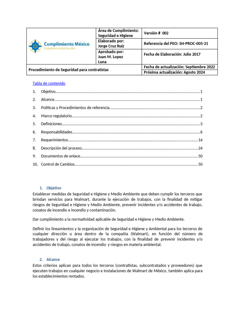 SH Proc 005 22 Procedimiento de Seguridad para Contratistas | PDF