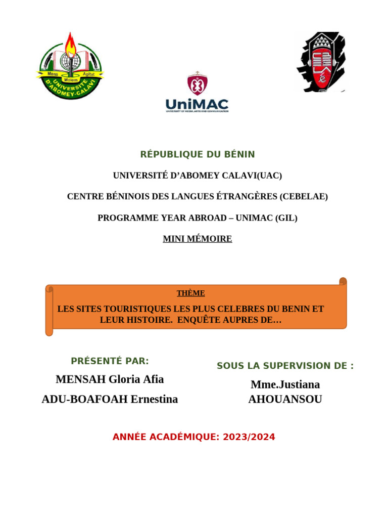 Groupe 2 - Les Sites Touristiques Les Plus Celebres Du Benin Et Leur ...