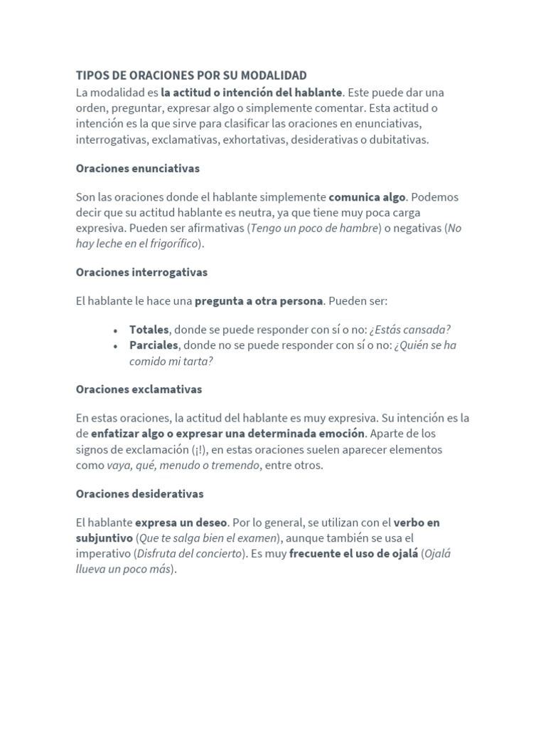 Tipos de Oraciones Por Su Modalidad | PDF | Oración (Lingüística ...