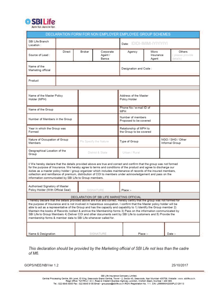 Group Ops Sampoorn Suraksha Non Employe Employee Group Declaration Form ...