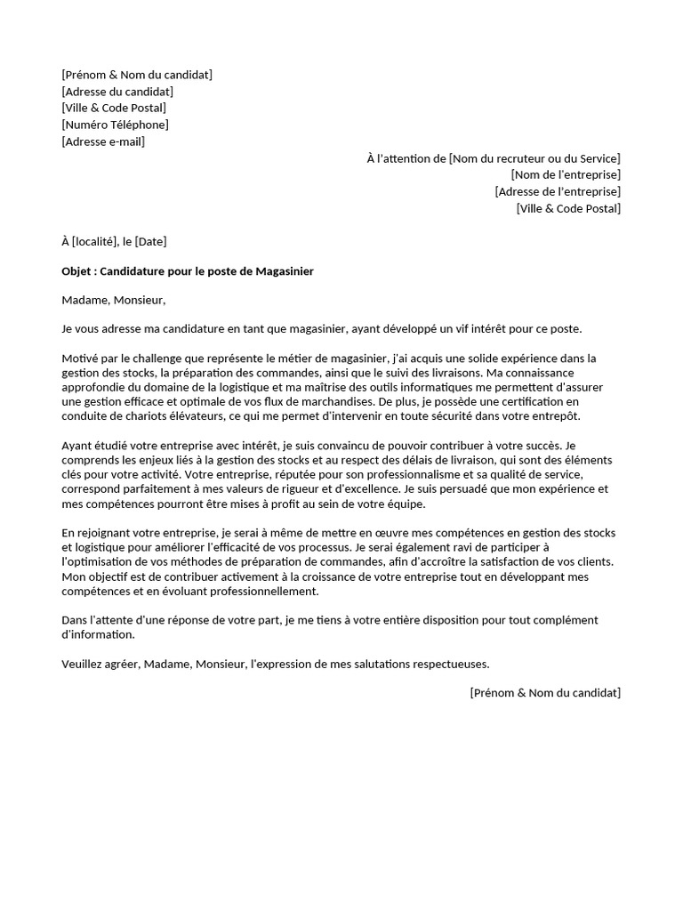 Exemple de Lettre de Motivation Magasinier | PDF