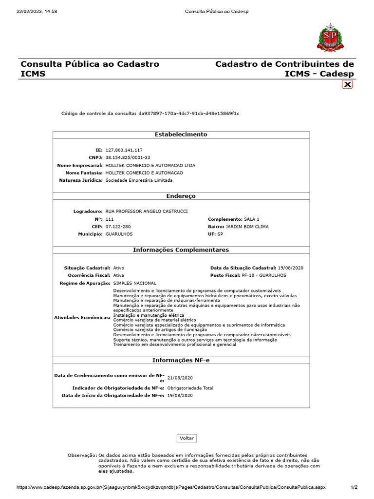 Consulta P Blica Ao Cadesp - Holltek | PDF