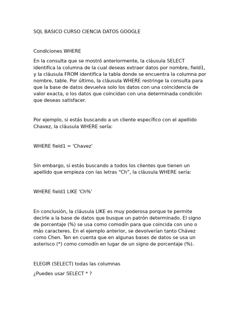 SQL Basico Curso Ciencia Datos Google | PDF