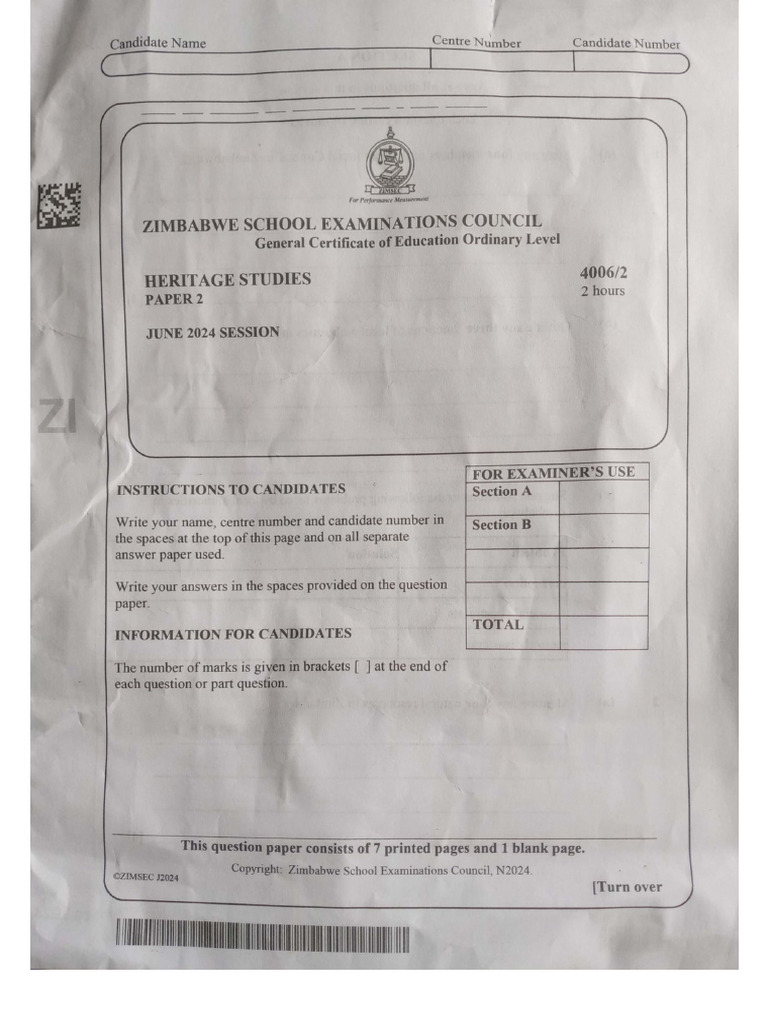 Heritage Studies June 2024 Paper 2 | PDF