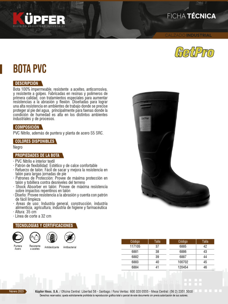 Ficha Proveedor Bota PVC Con Punta y Plantilla Getpro 6881 | PDF | Materiales | Sector ...