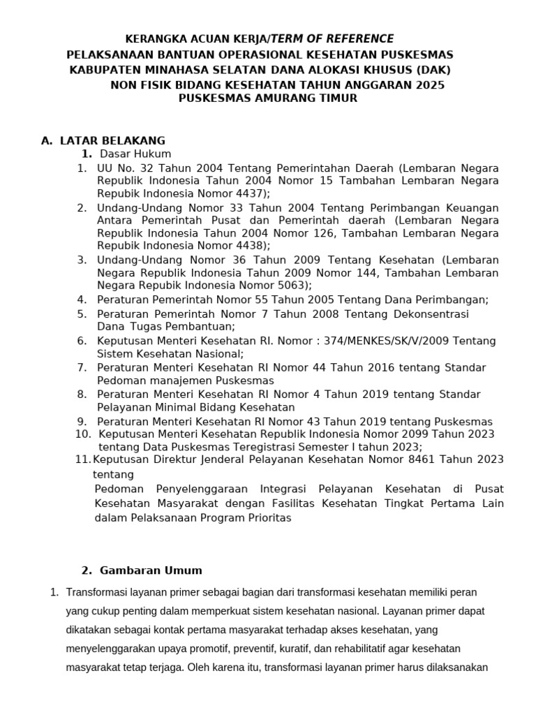 Revisi Tor Siklus Hidup Puskesmas Amurang Timur Dak NF 2025 | PDF