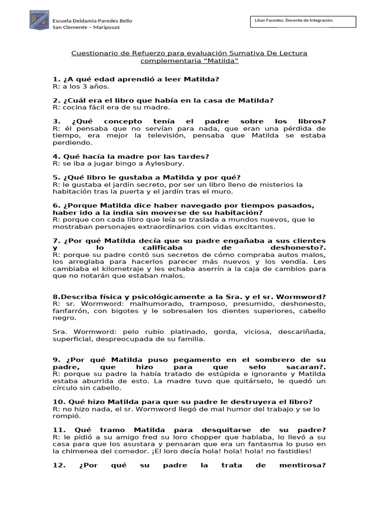 Cuestionario de Refuerzo para Evaluación Sumativa de Lectura ...