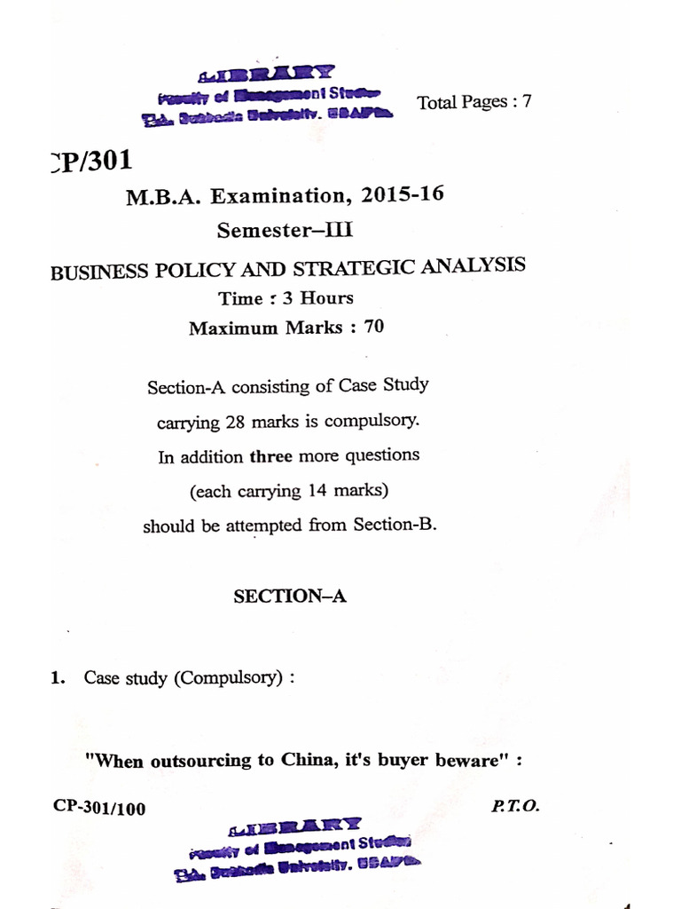Pyqs MBA 3RD SEM (Business Policy and Strategic Analysis) | PDF