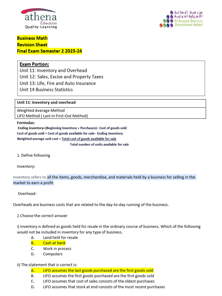 Answer Key Final Revision Sheet B.math Gr.12 Sem 2 2023-24 | PDF