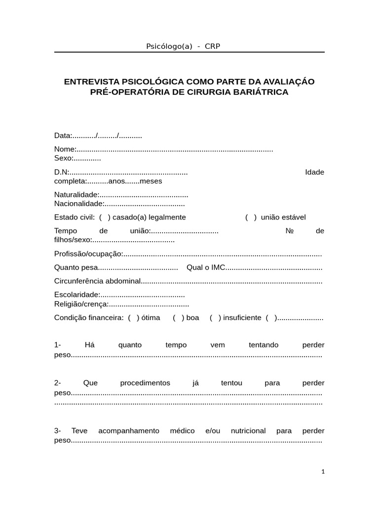 Modelo Entrevista Bariátrica | PDF | Enfermedades y trastornos humanos ...