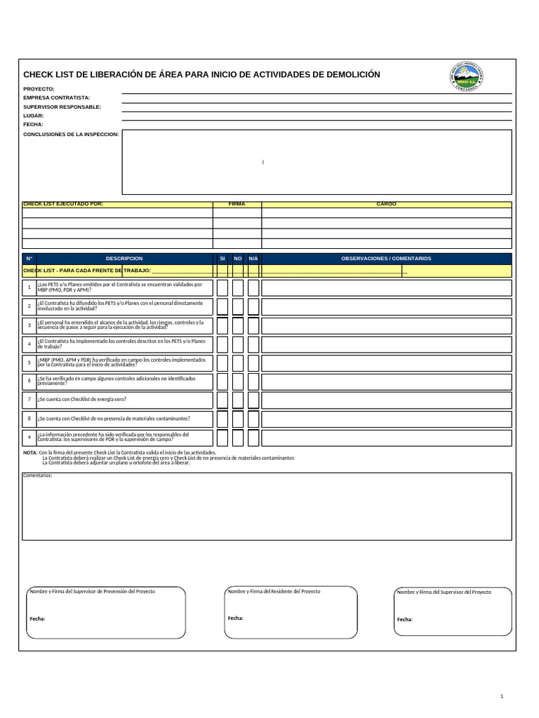 Check List para Inicio de Activ. de Demolición | PDF