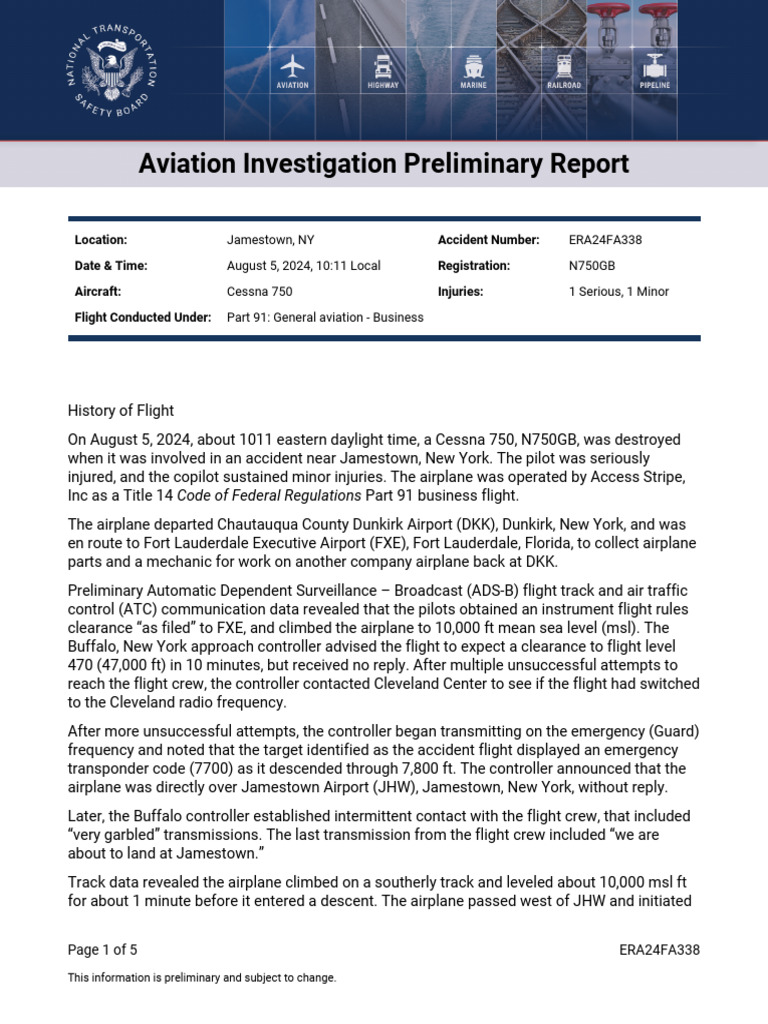 NTSB Releases Preliminary Report On Plane Crash in Jamestown | PDF ...