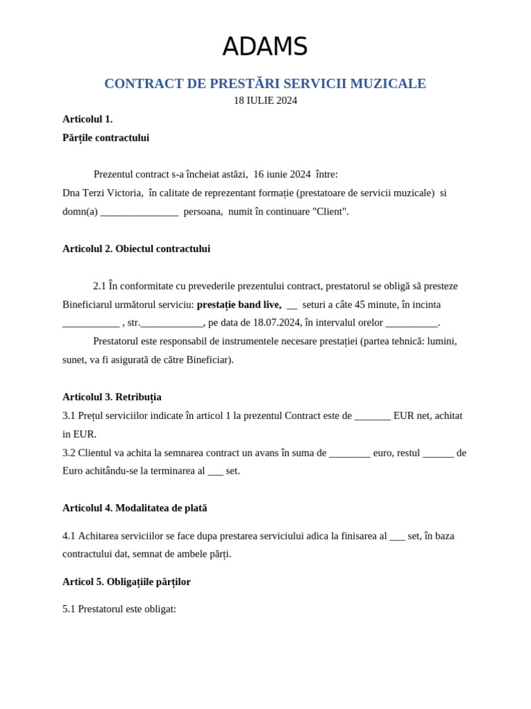 18.07 Contract de Prestări Servicii Muzicale | PDF