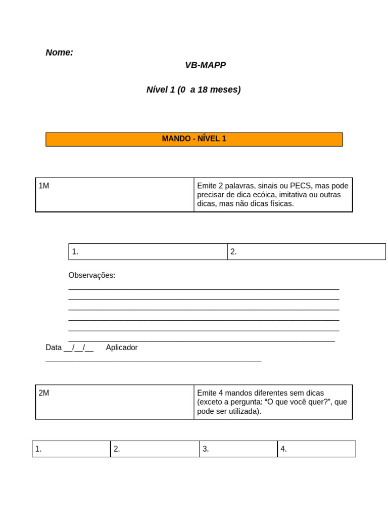 Cópia de VB-MAPP Nível 1 | PDF