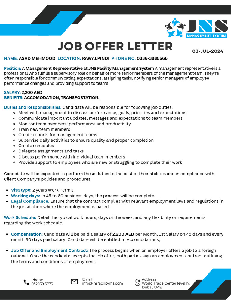 Offer Letter Asad Mehmood | PDF