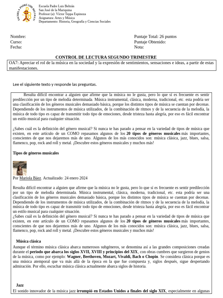 Control Comprension Lectora Musica | PDF