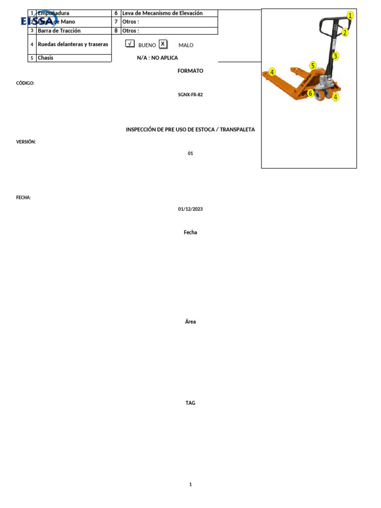 SGNX-FR-82 Inspección de pre uso de Estoca - Transpaleta | PDF
