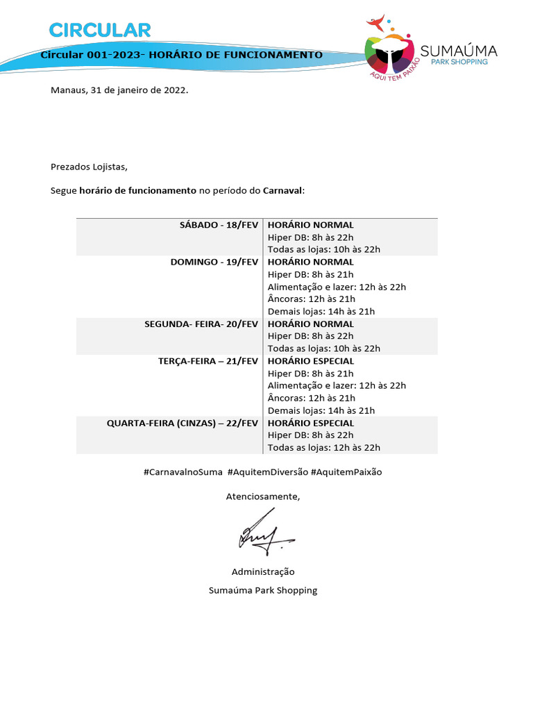 Circular 002 - HORÁRIO DE FUNCIONAMENTO CARNAVAL | PDF