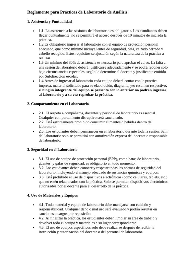 Reglamento para Prácticas de Laboratorio de Análisis | PDF | Laboratorios | Tecnología