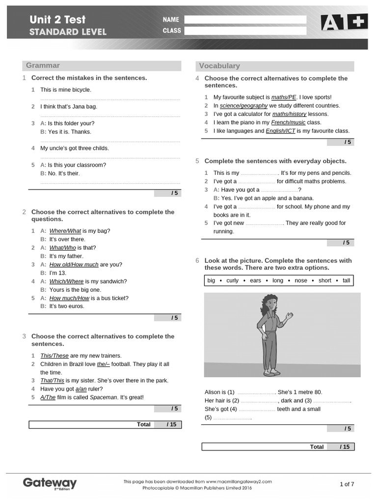 A1+ UNIT 2 Test Standard | PDF | Classroom | Human Communication