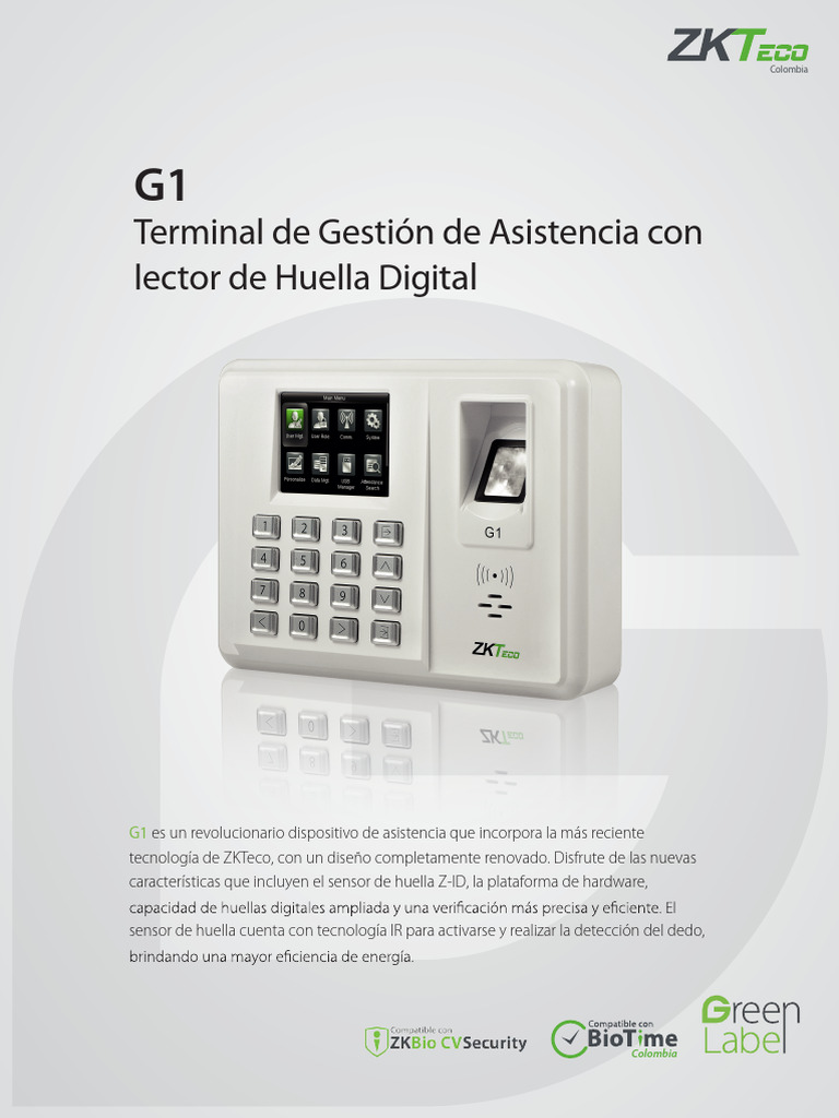 ZKTeco Colombia Control de Acceso Asistencia Biometria G1 Ficha Tecnica | PDF
