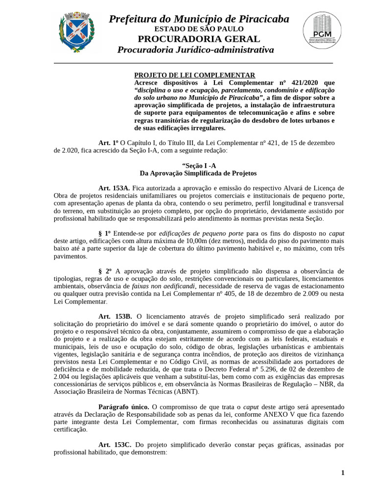 Projeto de Lei Complementar Piracicaba | PDF