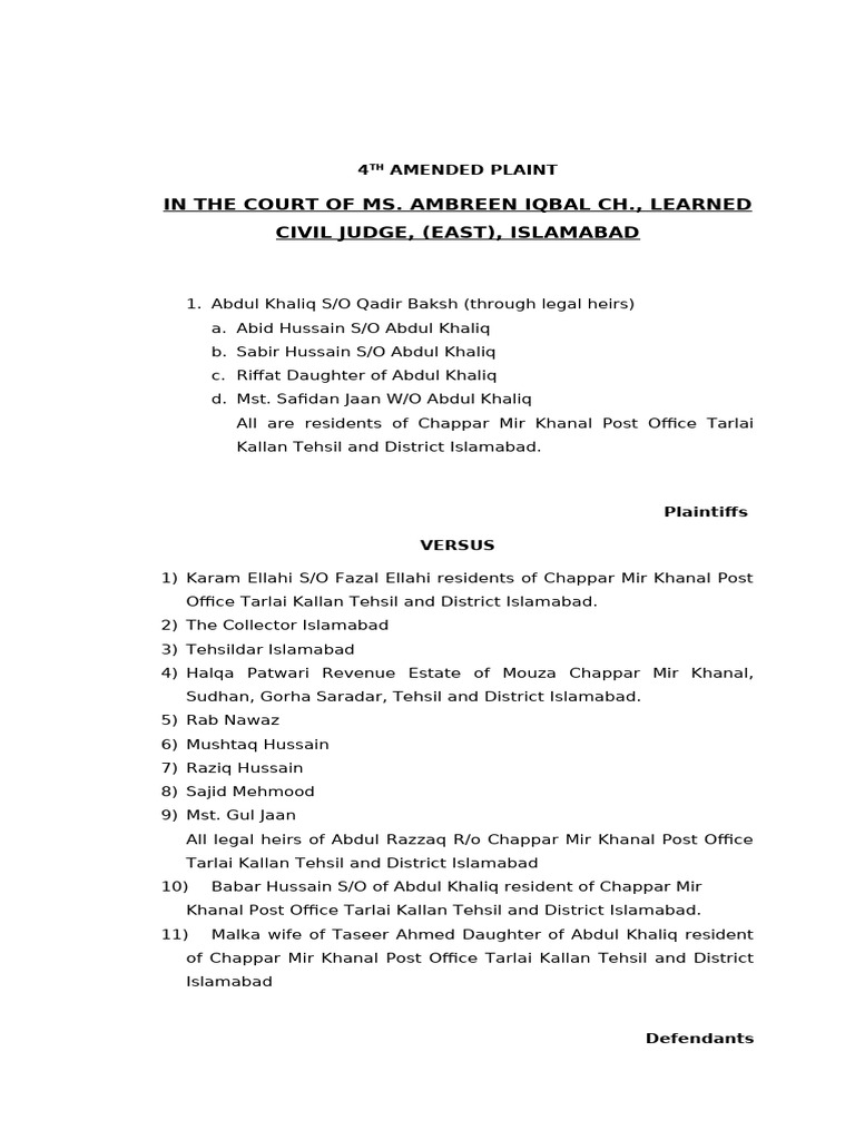 In The Court of Ms. Ambreen Iqbal CH., Learned Civil Judge, (East ...