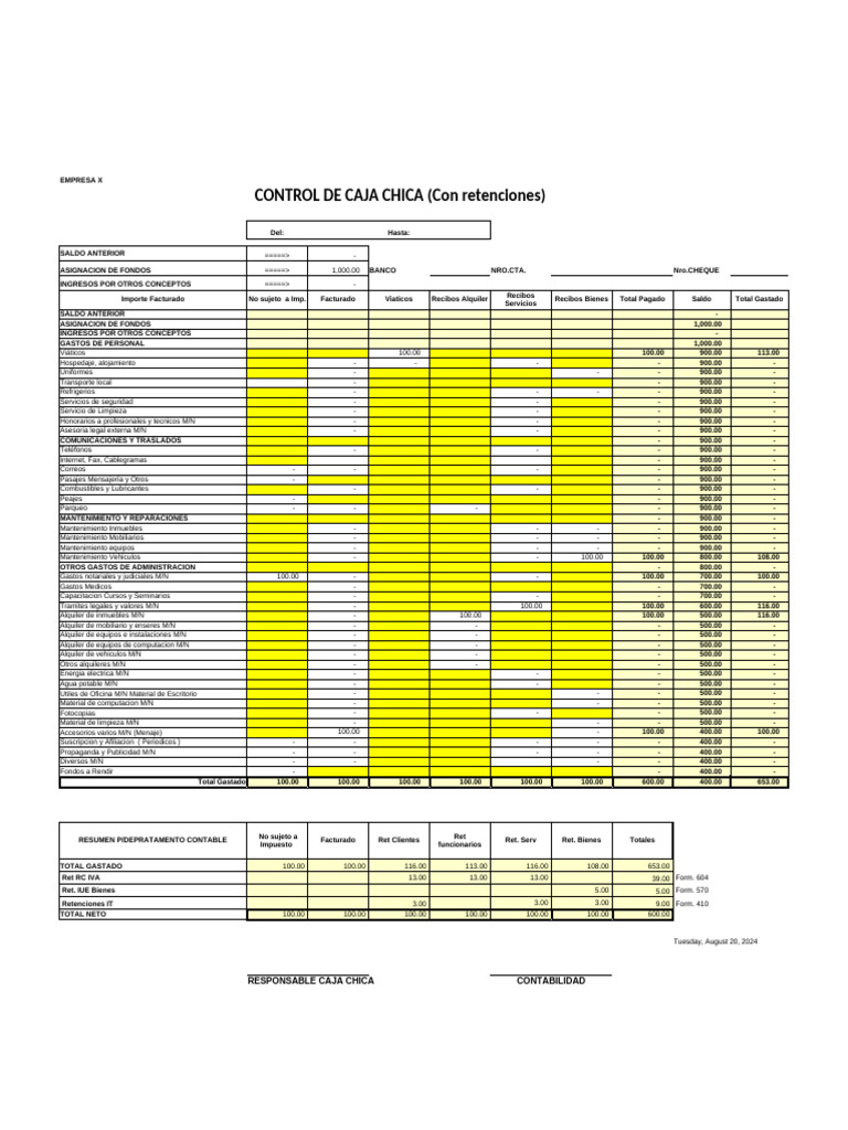 Formato Control Caja Chica Con Retenciones v2024 | PDF