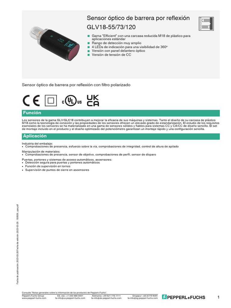 Sensor Óptico de Barrera Por Reflexión GLV18-55/73/120 | PDF