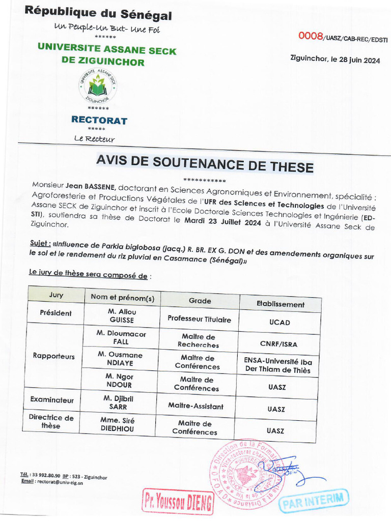 Avis de Soutenance Et Résumé de La Thèse de Jean BASSENE | PDF