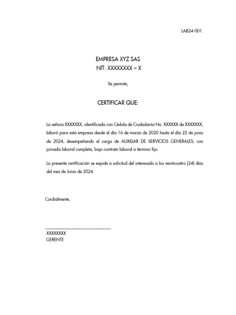Ejemplo de Certificacion Laboral | PDF