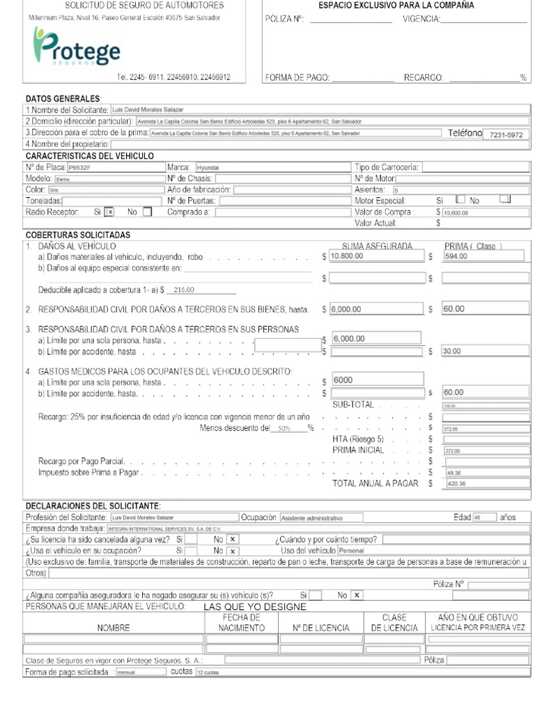 Solicitud de Autos Protege Seguros | PDF