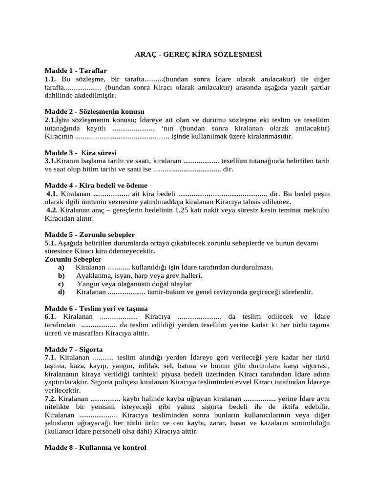 Araç-Gereç Kira Sözleşmesi | PDF