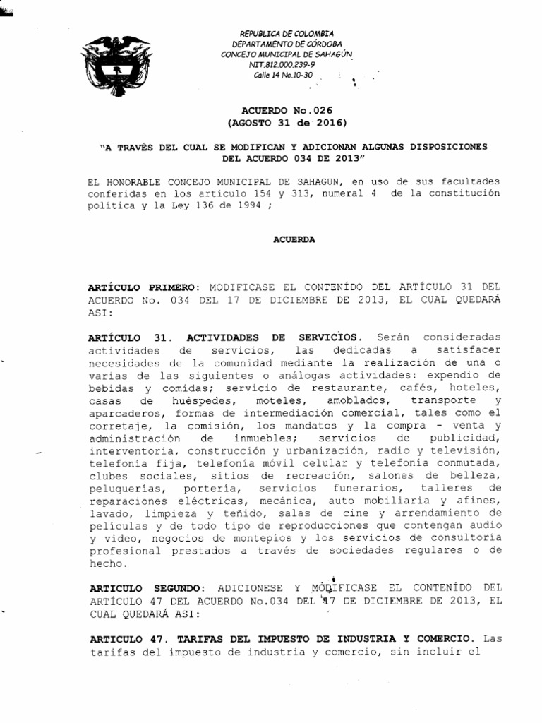 Acuerdo N 026 de 2016 Modificacion Tarifas | PDF